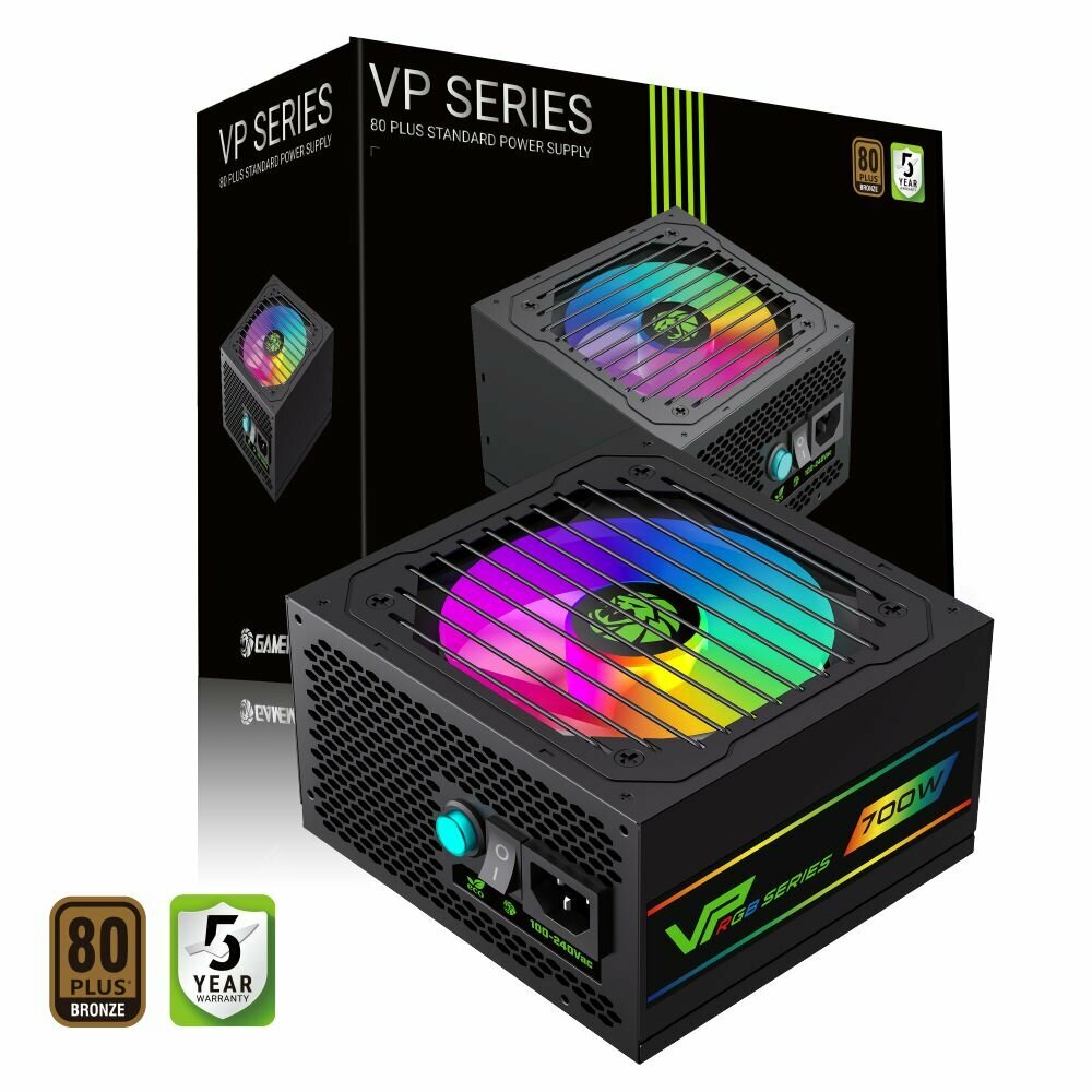 Блок питания для ПК 700W GAMEMAX VP-700-RGB-S (Черный Bronze120мм 20+4pin 2*4+4pin(CPU) 2*6+2pin(PCI-E) 1*12V-2x6(PCI-E) 5*SATA 1*MOLEX)