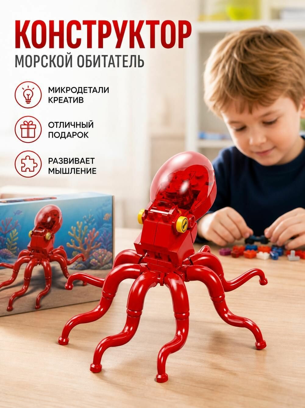 3Д Светящийся Конструктор , Морской Осьминог,/89 деталей. Коллекционный конструктор для детей 5+