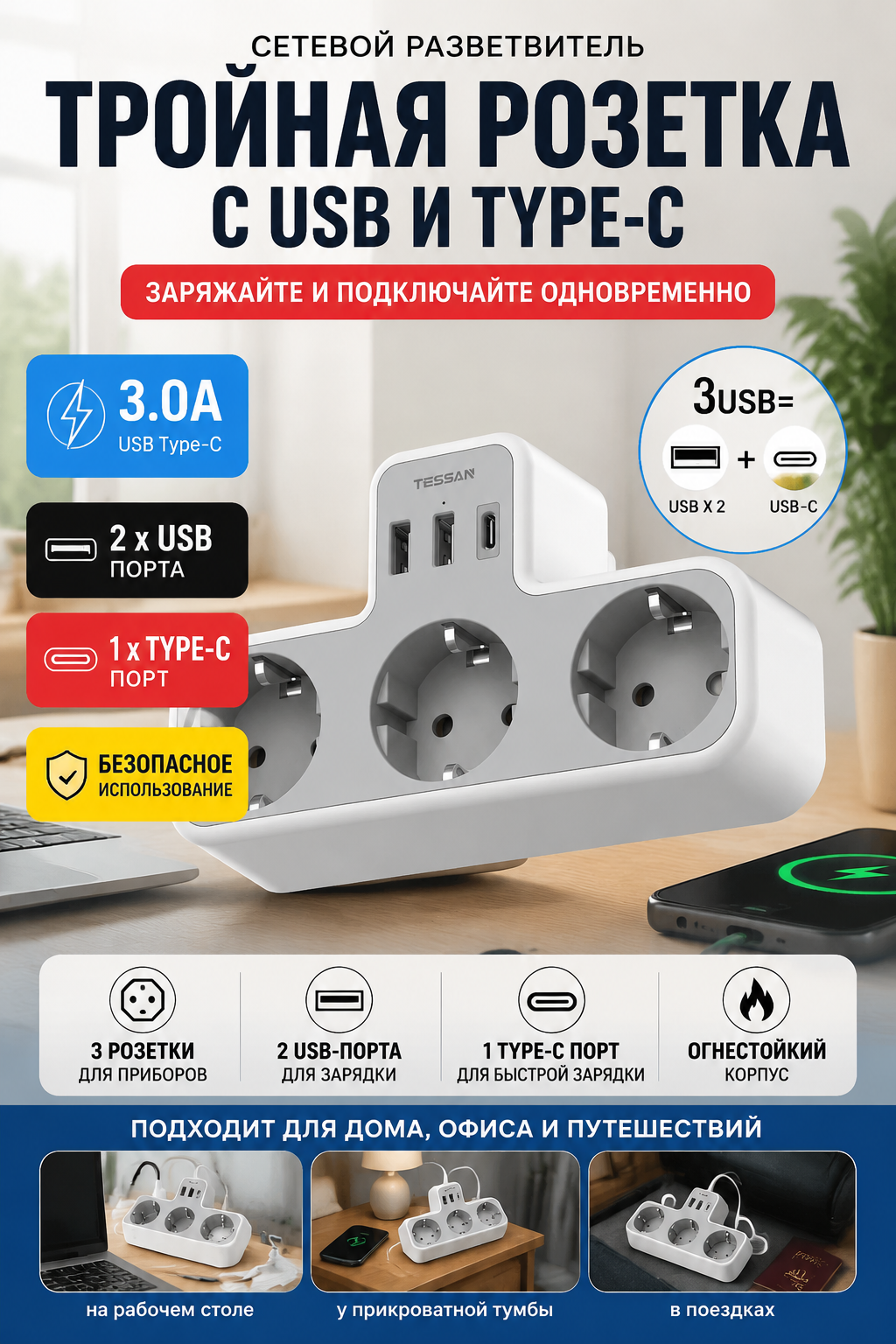 Эксклюзивный сетевой адаптер Tessan на 3 розетки, 2 USB и TypeC с защитой от перегрузок