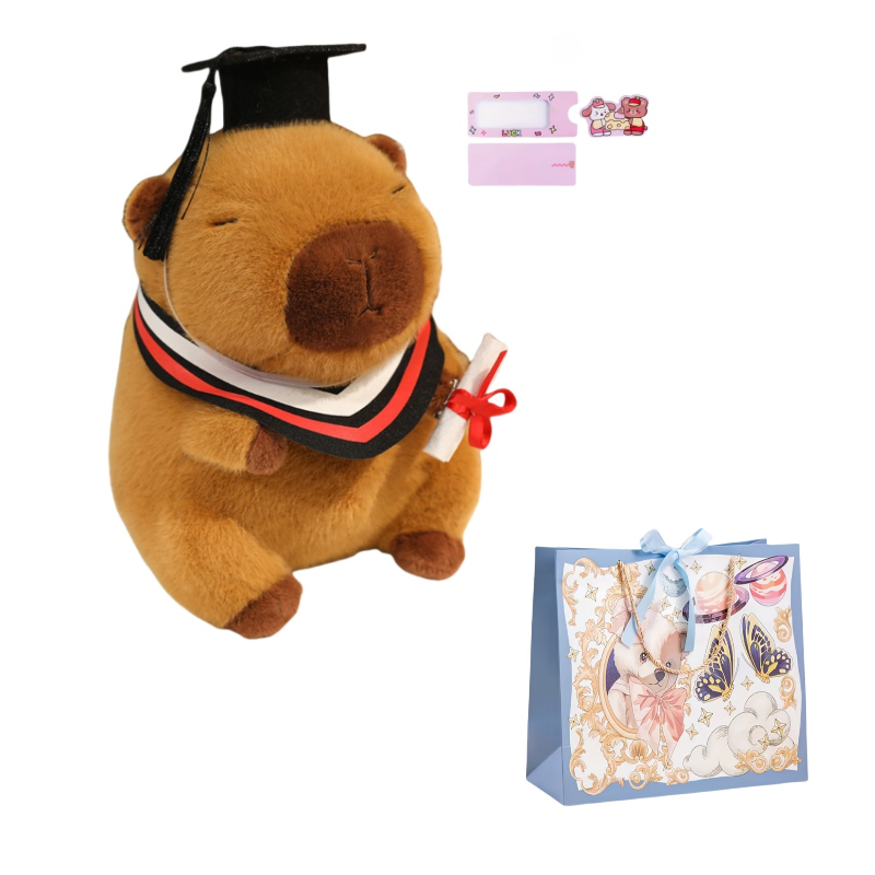 Плюшевая игрушка AOLETU Доктор Капибара Кун, 25CM EU, Graduation Capybara-Black Cap with Tassel+Puppy Pull Greeting Card