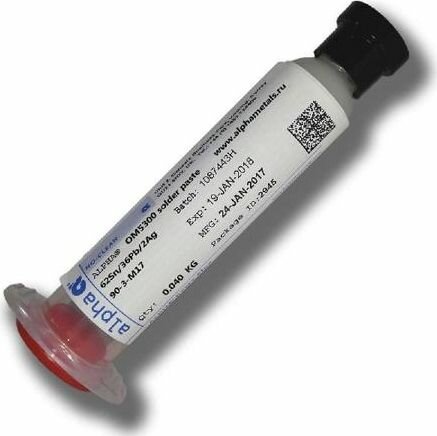 Паста паяльная ALPHAMETALS 159233 ALPHA OM5300, безотмывная Sn62Pb36Ag2 тип 3 (25-45мкм), шприц 40 гр