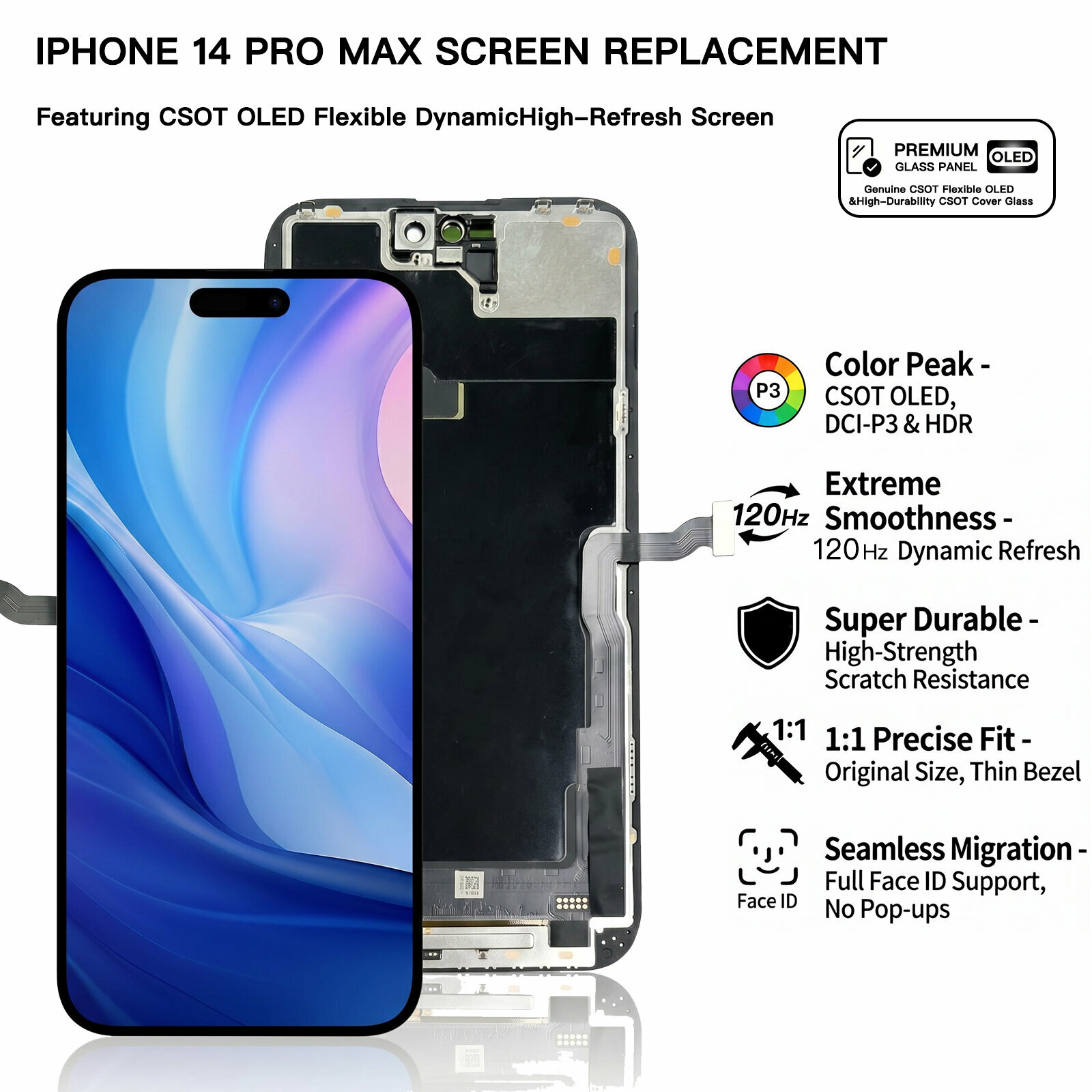 Гибкий OLED-экран-замена для iPhone 14 Promax: 120 Гц, рамки 0.9 мм, высший китайский класс