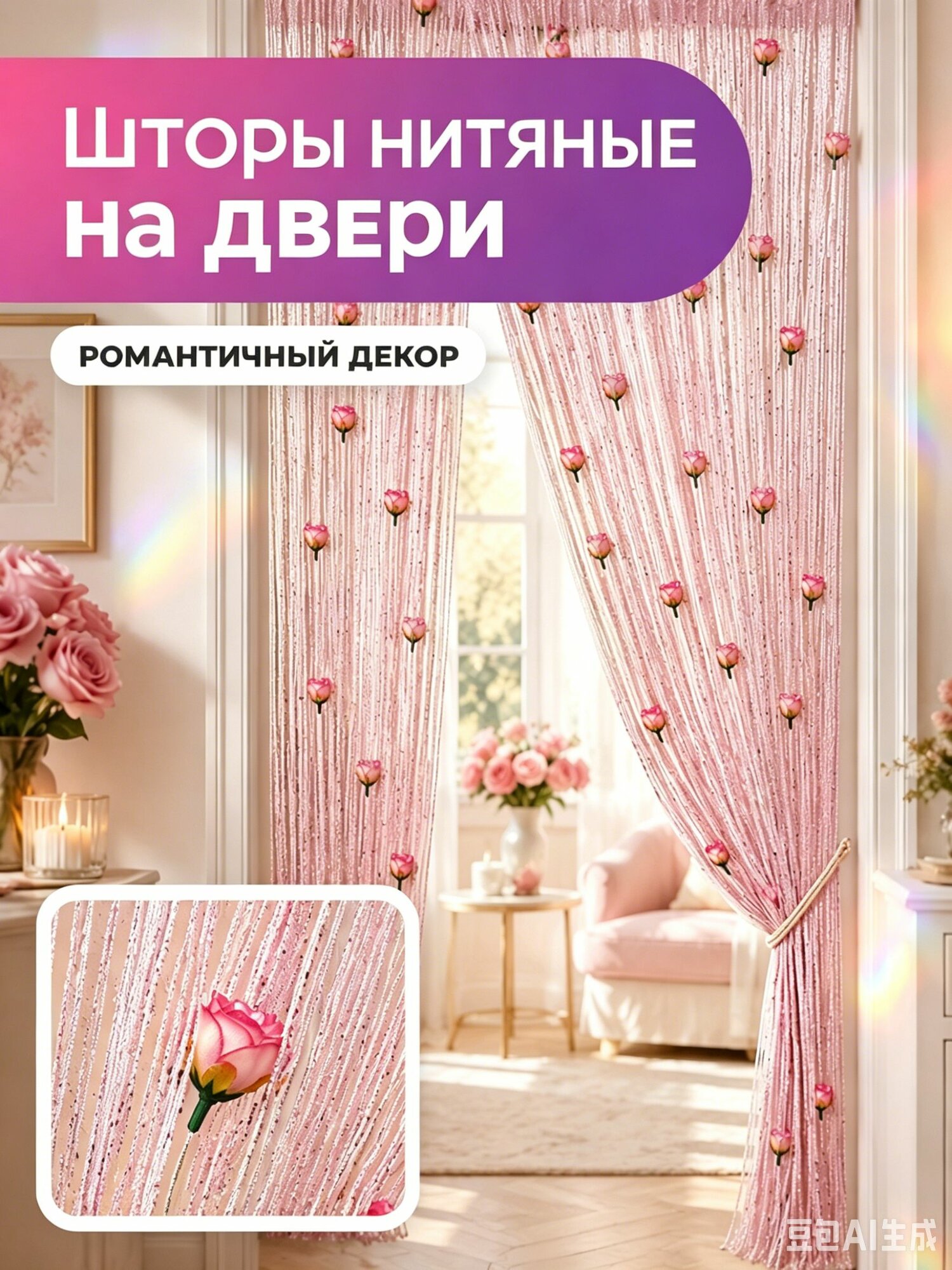 Занавеска на дверь из бусин 100x200 см розовый