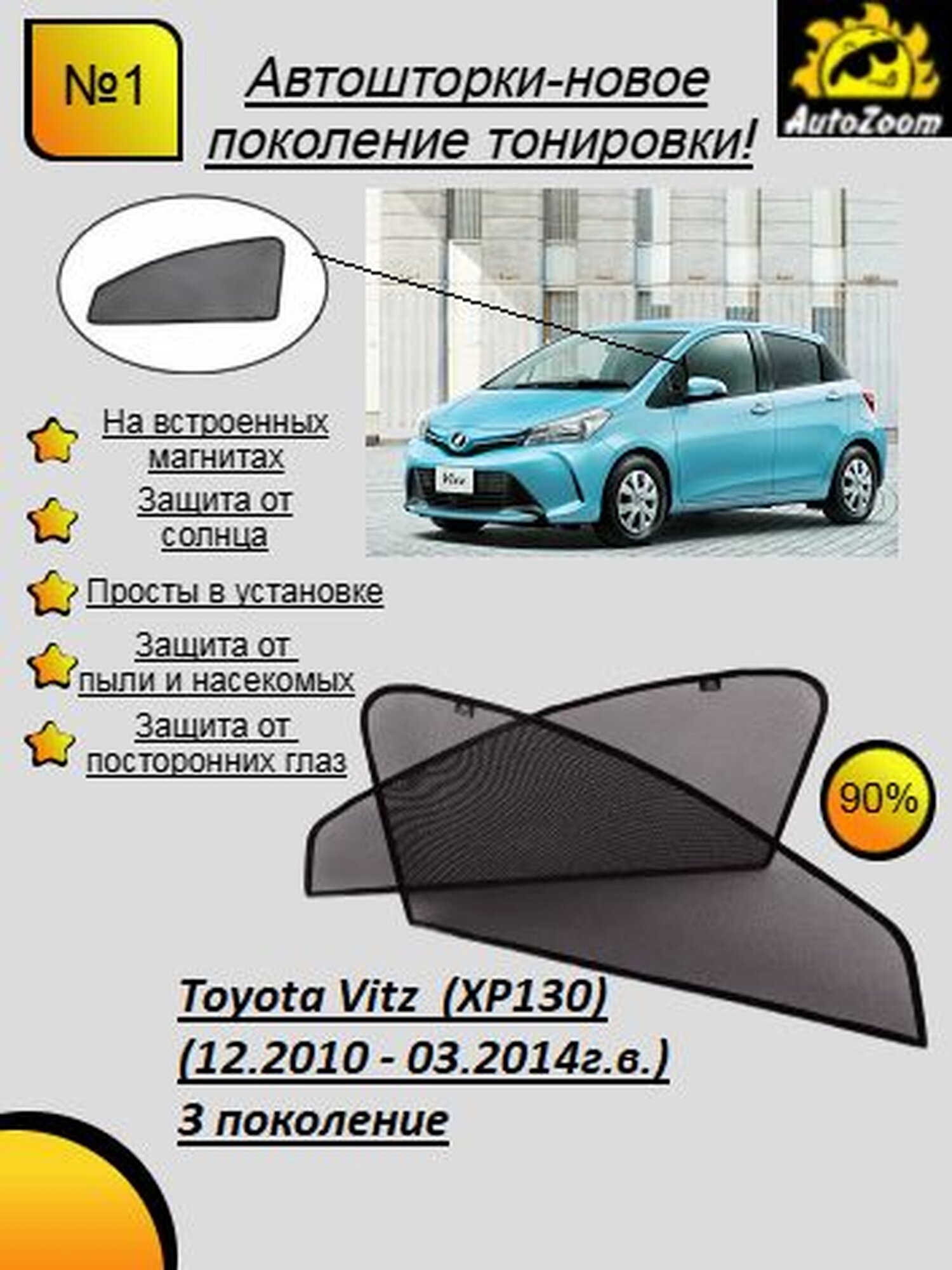 Автошторки магнитные для Toyota Vitz (XP130) (12.2010 - 03.2014г. в.)3 поколение, хэтчбек 5 дв, на передние двери 2 шт