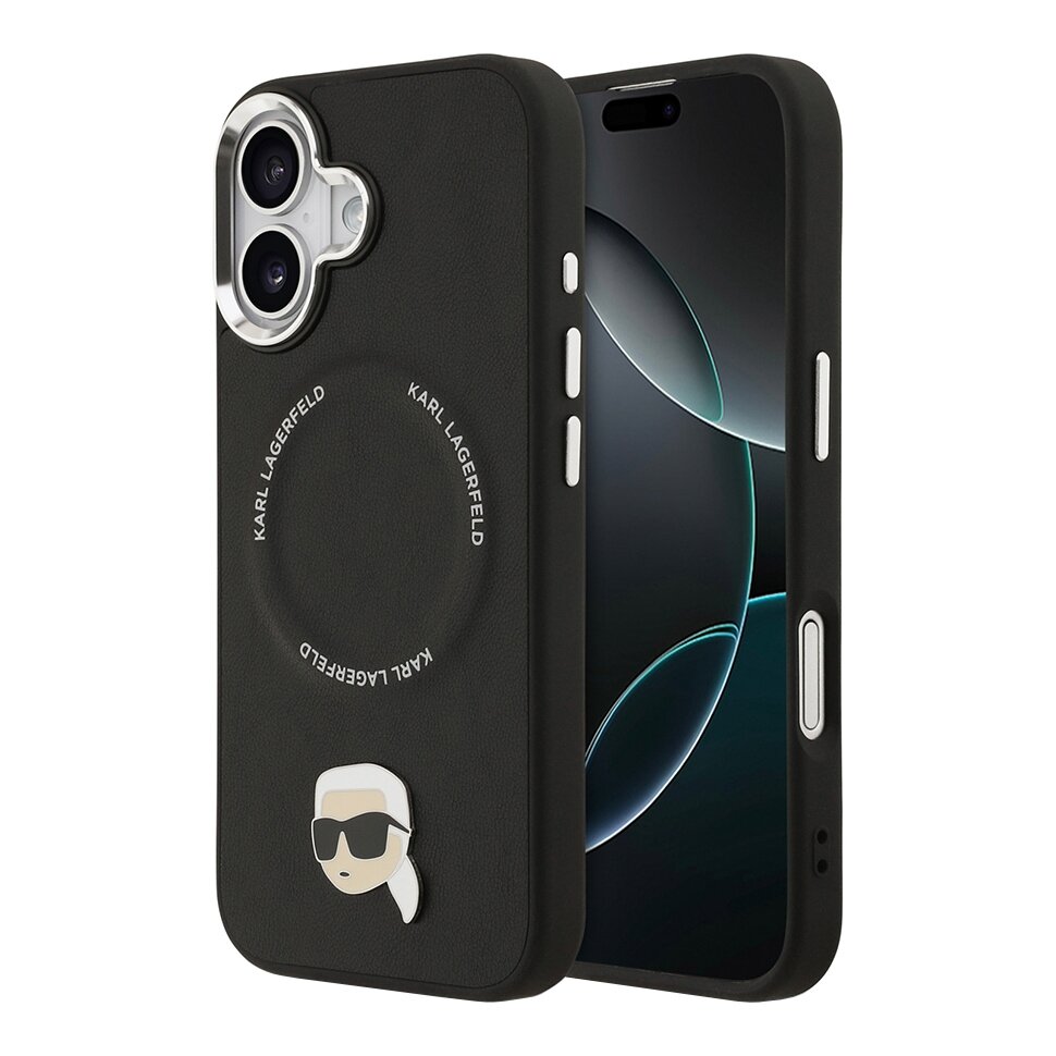 Karl Lagerfeld чехол с MagSafe для iPhone 17, PU кожа с метал. значком NFT Karl head, черный