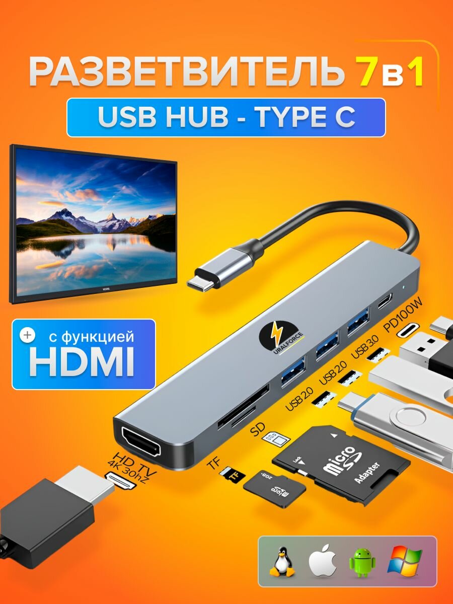 Usb hub type C, usb разветвитель с HDMI 7 в 1, переходник для Macbook