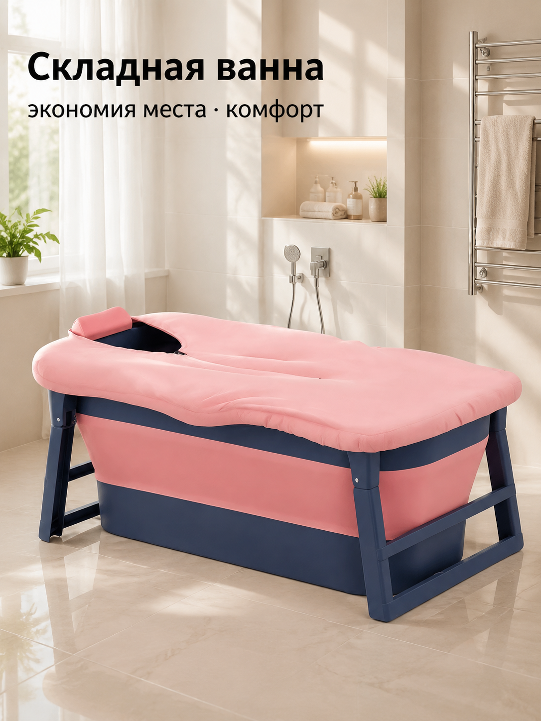 Большая тёмно-сине-розовая складная ванна 150 см с крышкой, SPA-комплекс, для двоих