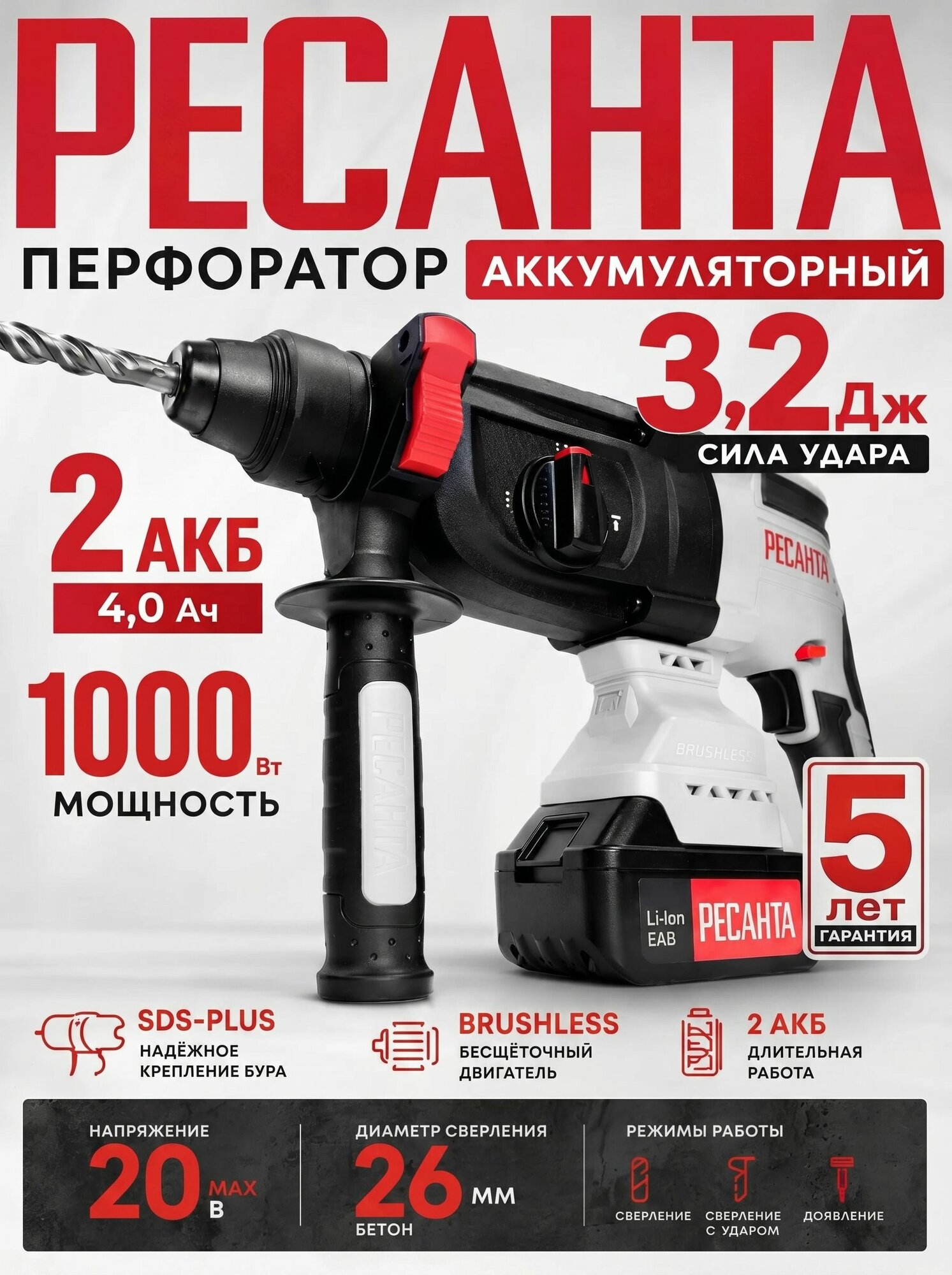 Перфоратор аккумуляторный бесщеточный Ресанта в кейсе, 2 АКБ (АП-3.2Li-Ion)