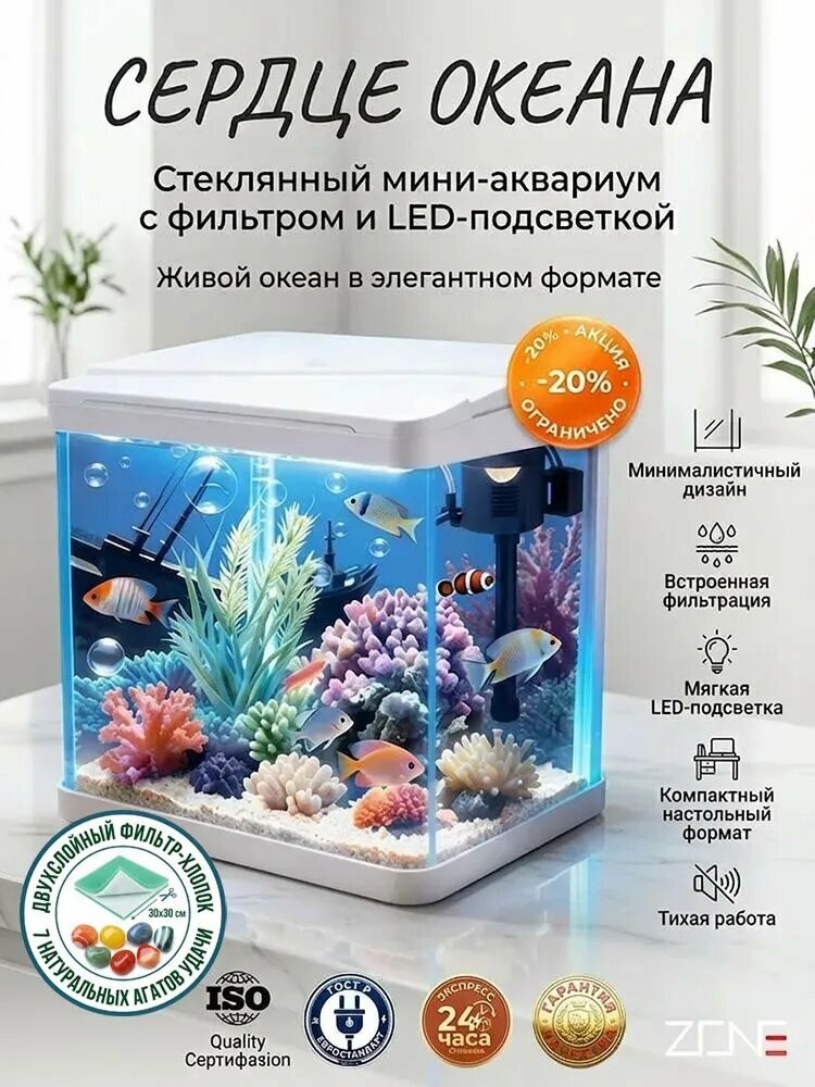 ZONE аквариум 11 л (8 л воды) 24*17*26 см, стеклянный, с фильтром и LED подсветкой, аквариум для рыб для дома и офиса. Подарок: фильтрующая губка 30*30 + 7 агатовых камней.
