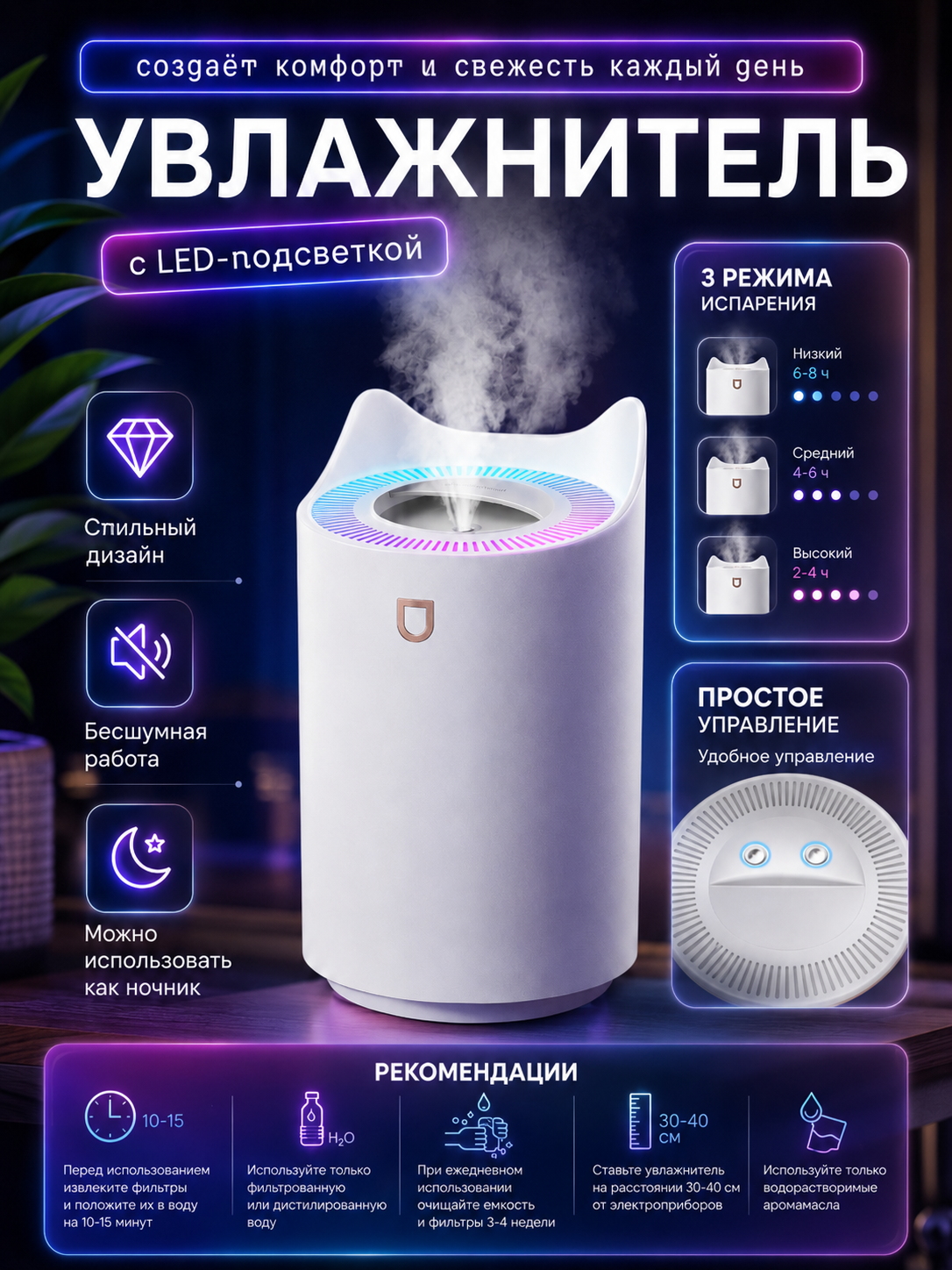 Увлажнитель воздуха ультразвуковой, Аромадиффузор с подсветкой, Увлажнитель воздуха ночник для дома, 2 л, Белый