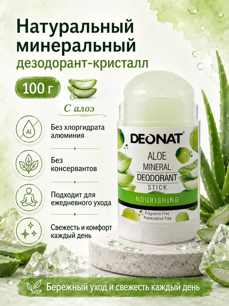 DeoNat/Дезодорант-Кристалл ДеоНат с натуральным соком Алое, стик плоский, вывинчивающийся (twistup) 100 гр.