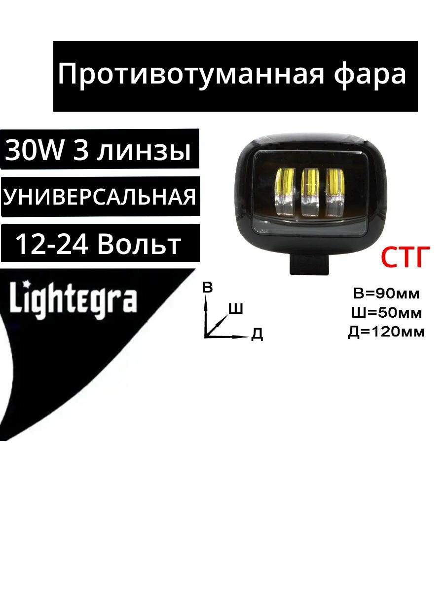 Противотуманная светодиодная фара (ПТФ) Универсальная 30W 12-24 Вольт