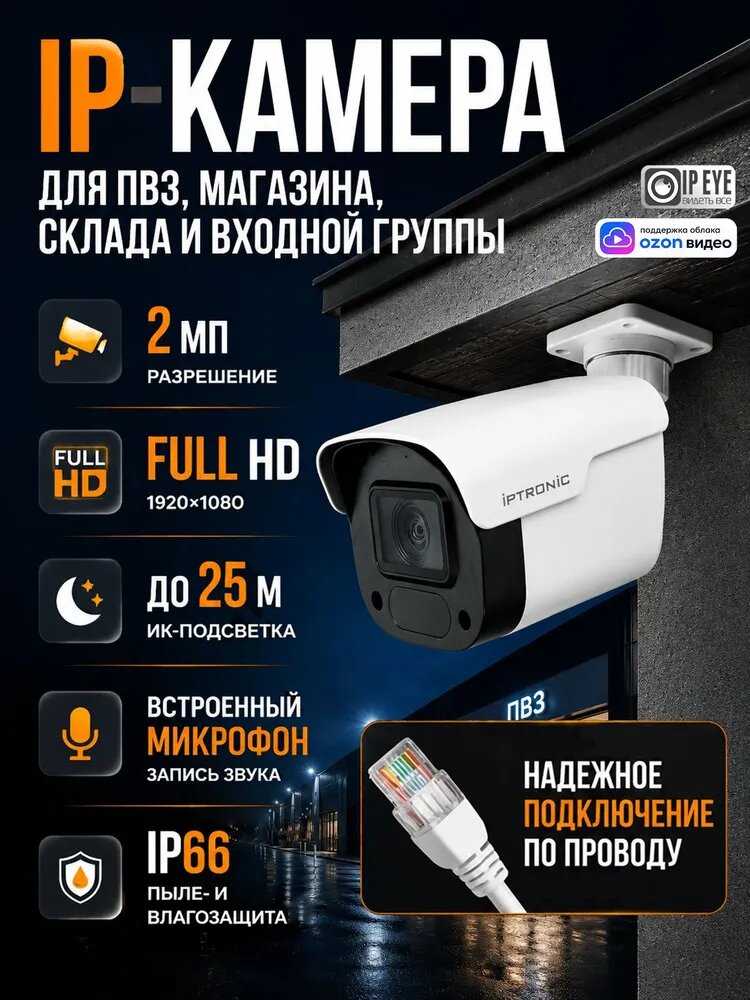 IP-камера с микрофоном, PoE, IPEYE, ONVIF, HD 2 Мп, для ПВЗ, магазина, склада и входной группы