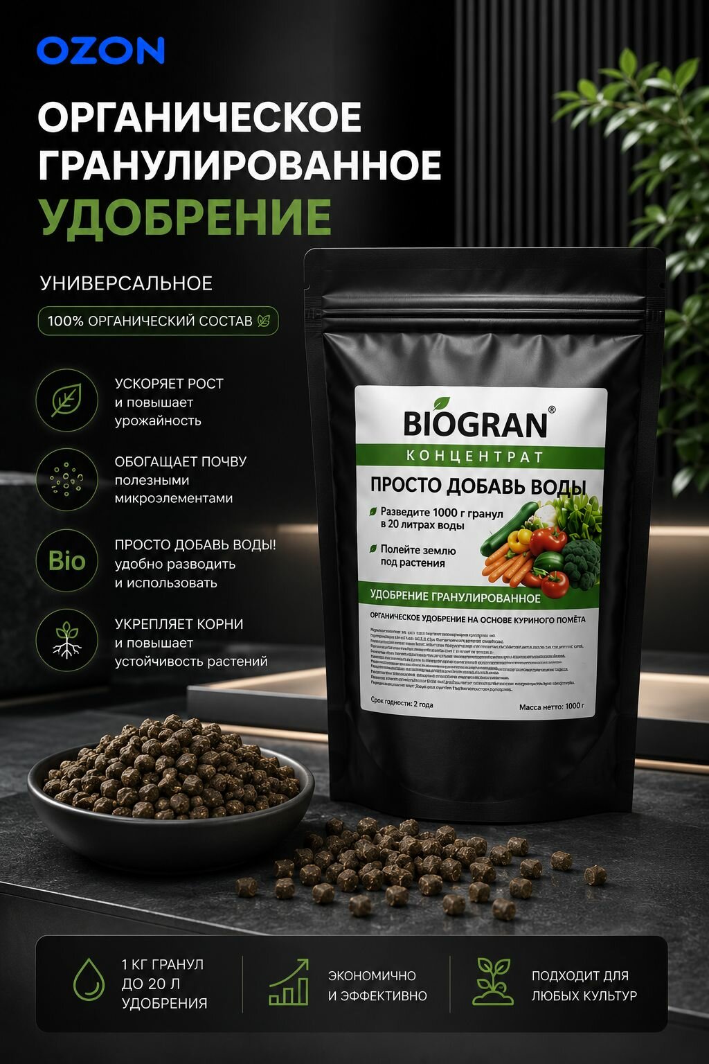 Органическое удобрение Biogran гранулированное.