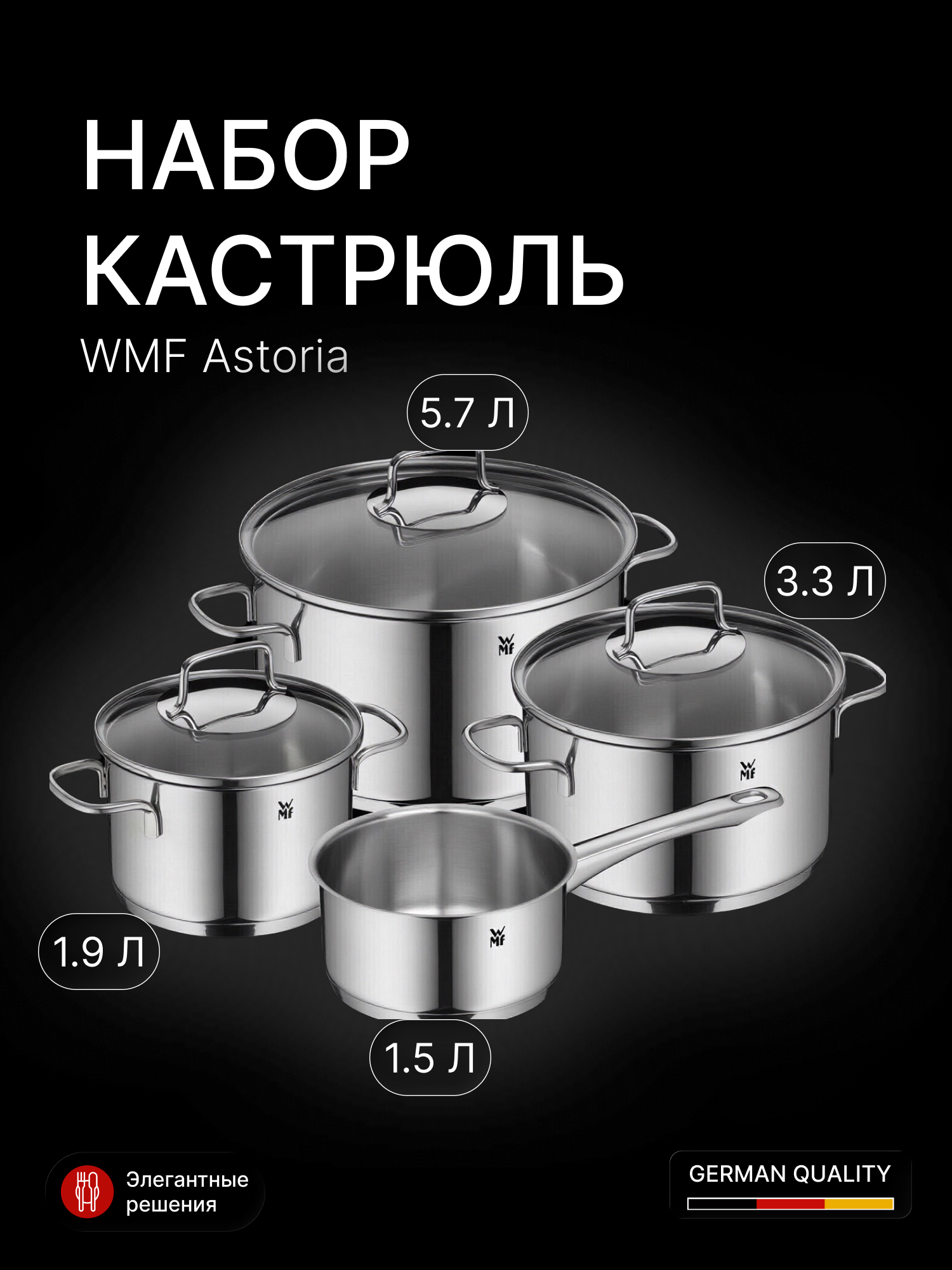 Набор кастрюль WMF Astoria 4 предмета, с крышками, для всех типов плит, 0780546040