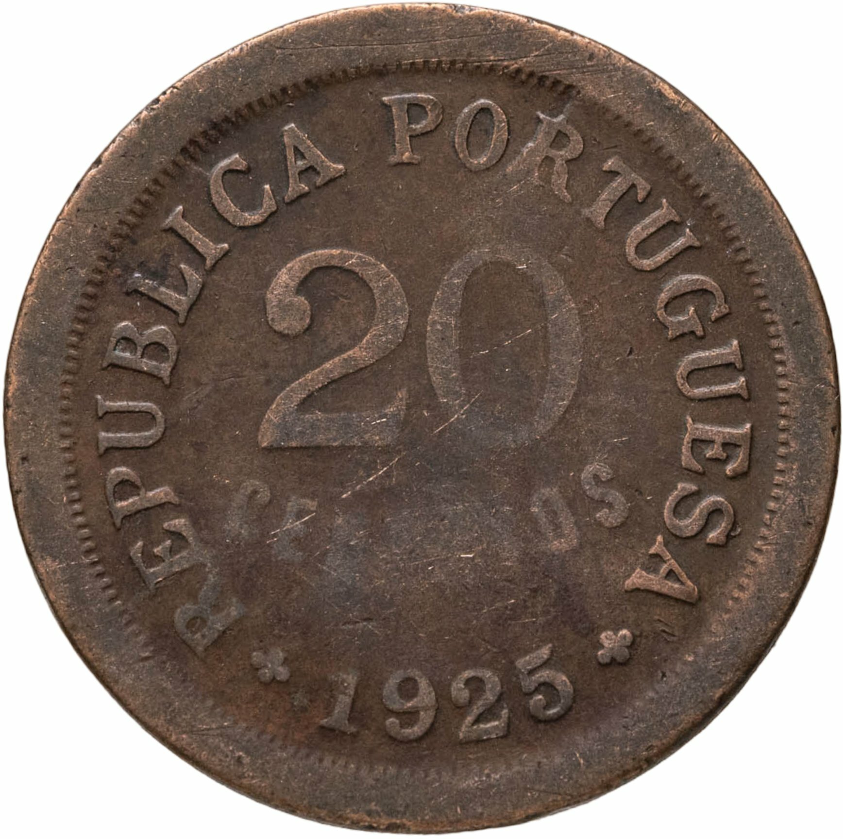 Португалия 20 сентаво centavos 1925, Бронза, в сохранности F
