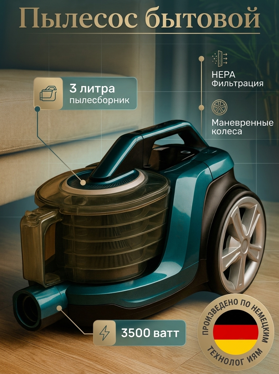 Пылесос Protechno, GP102, 3500Вт, нера фильтр, 3л, 2 насадки