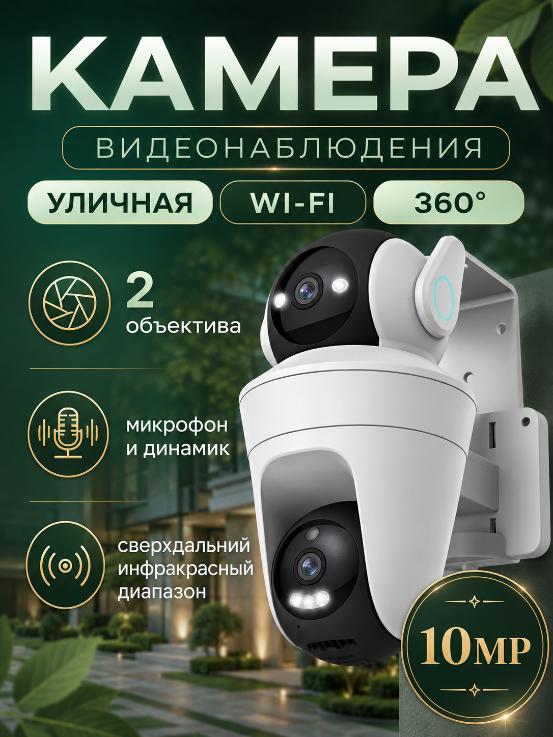 Камера видеонаблюдения WiFi с двойным объективом, 10MP, Детектор движения, Ночной режим, Приложение iCam365, Белый