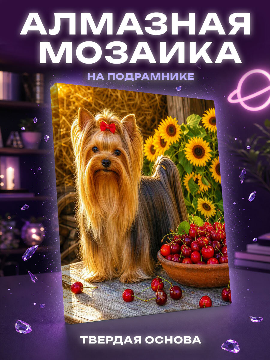 Алмазная мозаика Йоркширский терьер у блюда с вишней