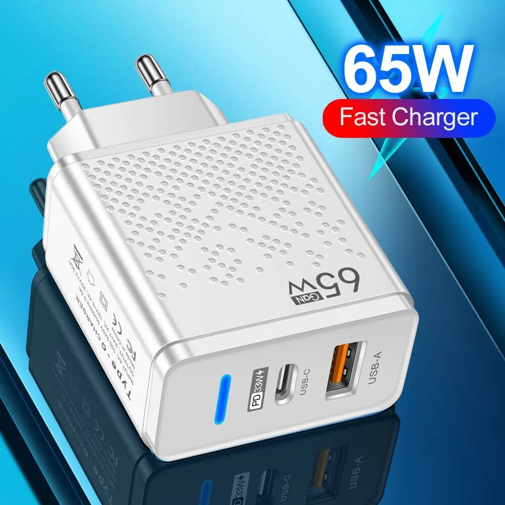 Светодиодный зарядное устройство USB-A и USB-C PD 33 Вт для смартфонов, евровилка, белый цвет