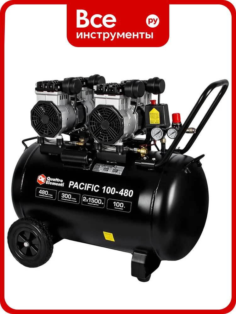 Безмасляный поршневой компрессор QUATTRO ELEMENTI PACIFIC 100-480 480 л/мин, 100 л, 3.5 л. с, 8 бар 915-373