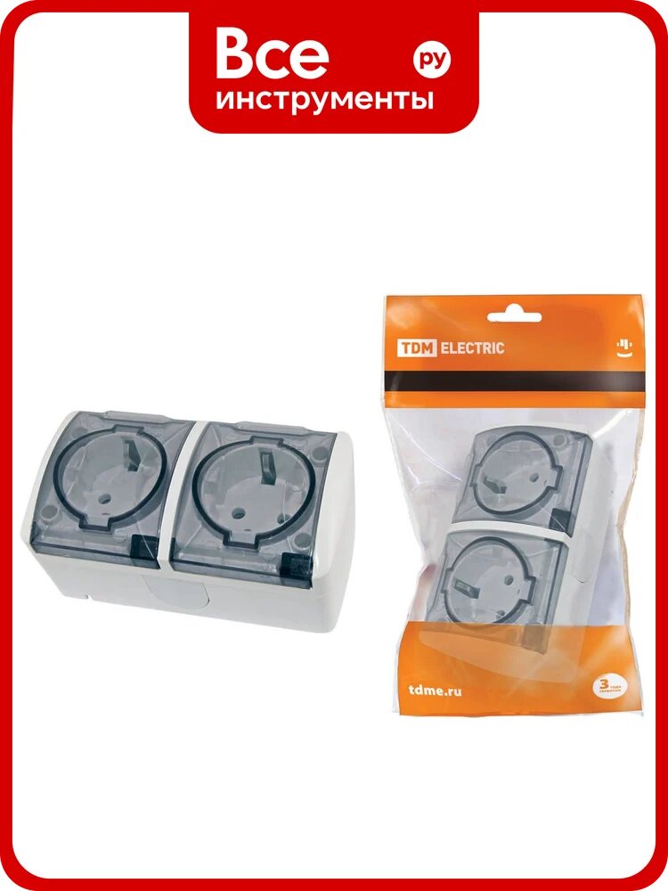 Двойная розетка TDM ELECTRIC 2П+3 открытой установки IP54 16А с прозрачной крышкой белая "Селигер" SQ1818-0009