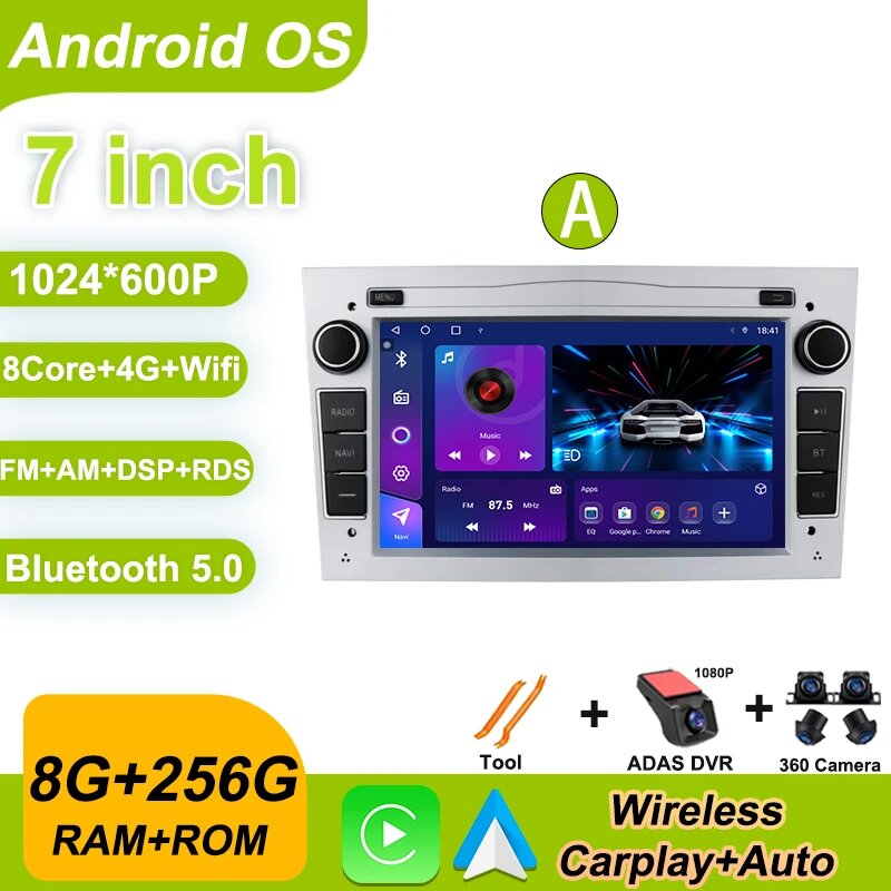 Для Opel Corsa C D Vivaro Astra H J Vectra Antara Zafira Meriva: Автомагнитола Android Auto с экраном, 8-ядерным процессором, 5G Wi-Fi, навигацией GPS, RDS