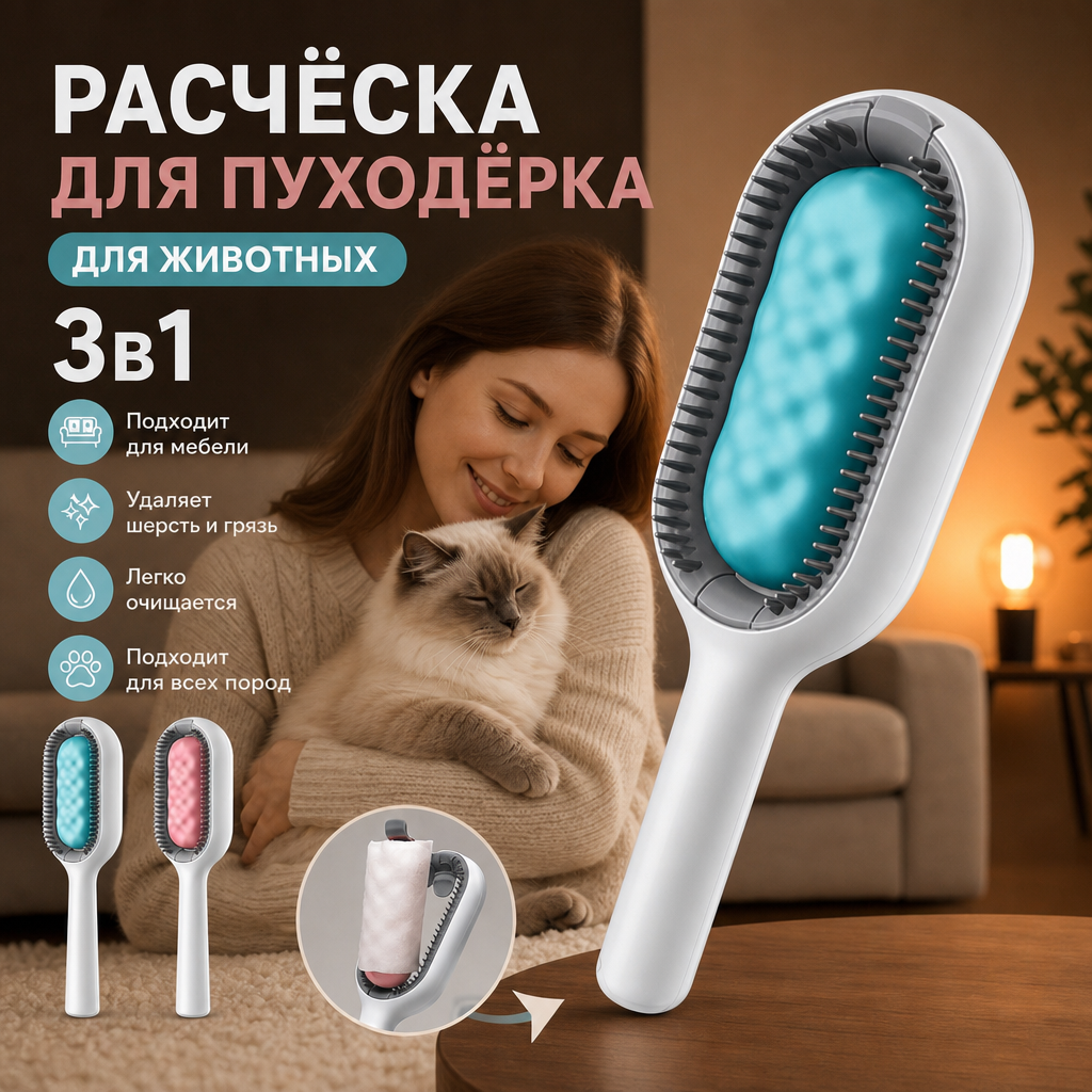 Профессиональная щетка для груминга питомцев, синий, распутывает колтуны
