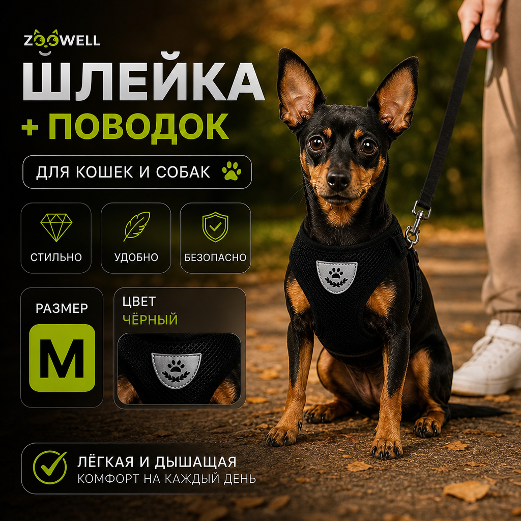 Регулируемая шлейка для кошек и собак, черный, регулируемый, комфортный, против рывков, ZooWell