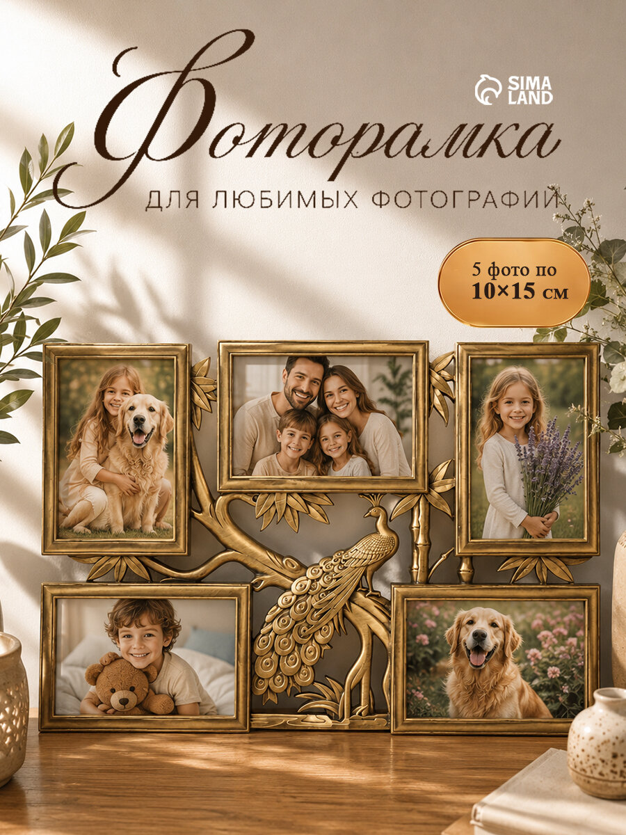 Фоторамка-коллаж на 5 фото 10×15 см "Павлин на дереве" размер 32×46 см, цвет золотистый