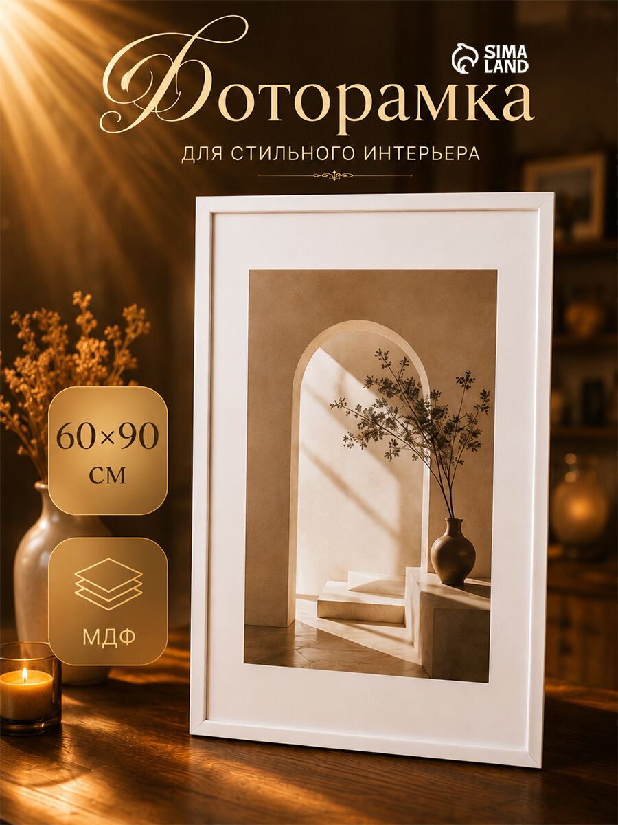Фоторамка для фото 60×90 см Ellis МДФ, с паспарту, цвет белый (пластиковый экран)