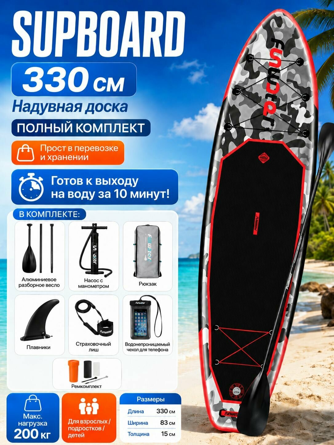 Сапборд надувной двухслойный 330х83х15 см Funwater с полным комплектом