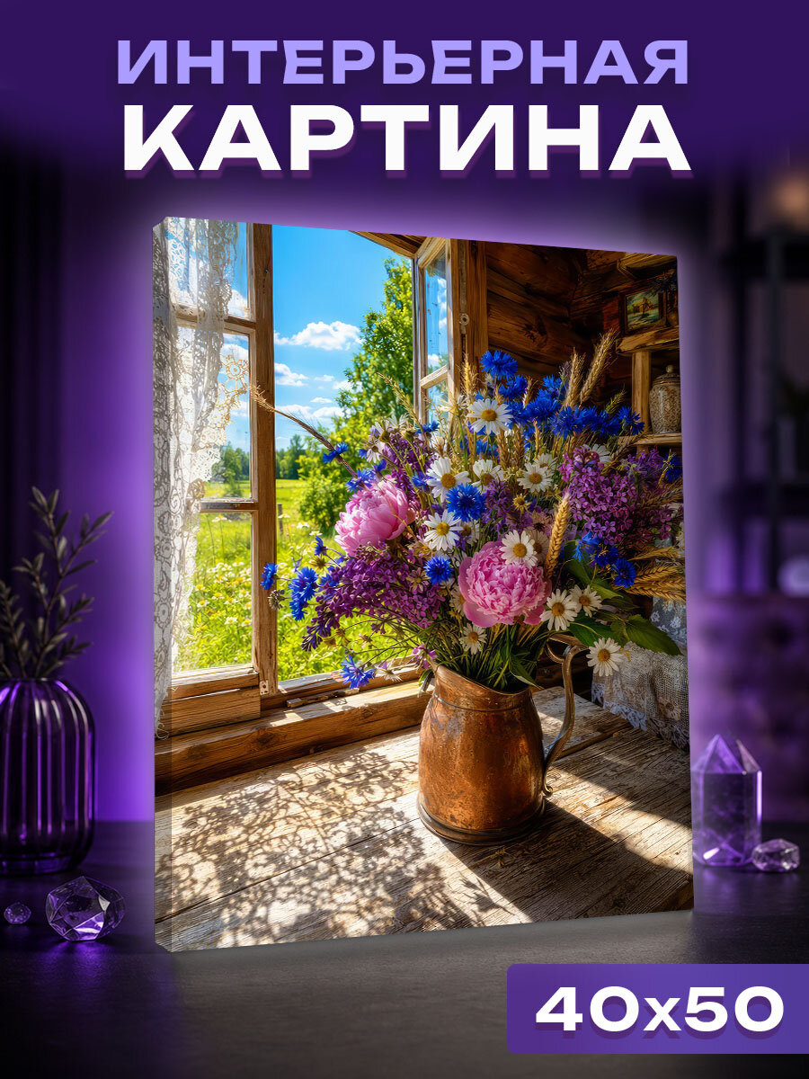 Интерьерная картина утро в деревне: букет полевых цветов