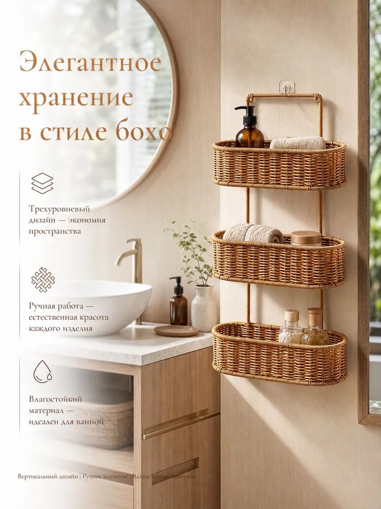 Полка интерьерная с крючками Настенная Прямая, 31х12х55 см, 1 шт.