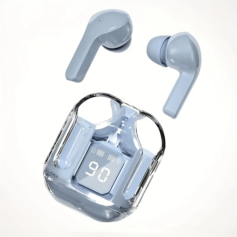 Прозрачные беспроводные наушники Bluetooth 5.3 с ENC шумоподавлением, HiFi стерео микрофоном, LED дисплеем и зарядным кейсом, синие