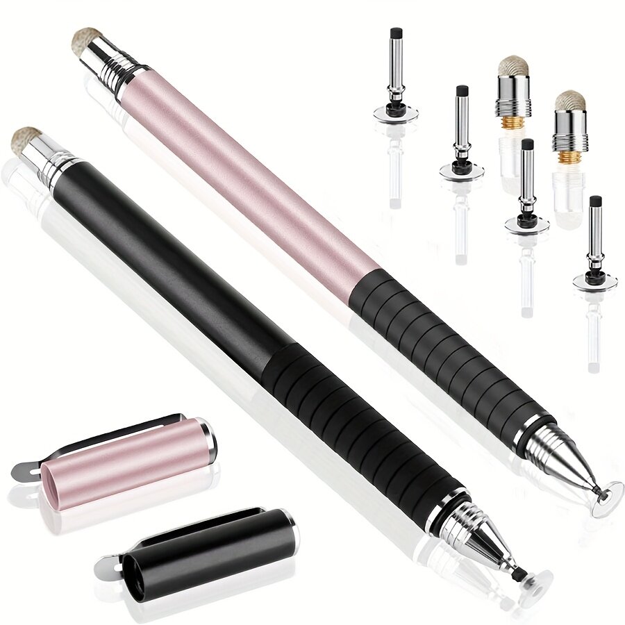 Универсальный стилус 2 шт, 2 в 1 Precision Series, дисковый стилус для емкостных сенсорных экранов, для телефонов, планшетов, ноутбуков, в комплекте 6 сменных наконечников, цвет черный и розовый