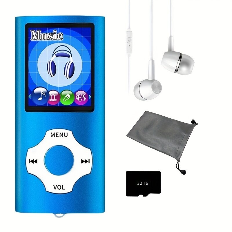 MP3/MP4 плеер 32 ГБ, 4-го поколения, синий, поддержка музыки, видео, фото, записи и электронных книг, наушники и USB-кабель в комплекте, для активного отдыха
