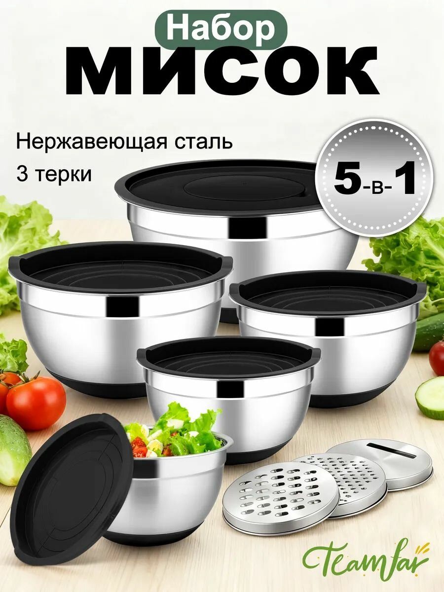 Набор мисок HaWare, нержавеющая сталь, мытье в посудомойке, разные размеры, 5 штук