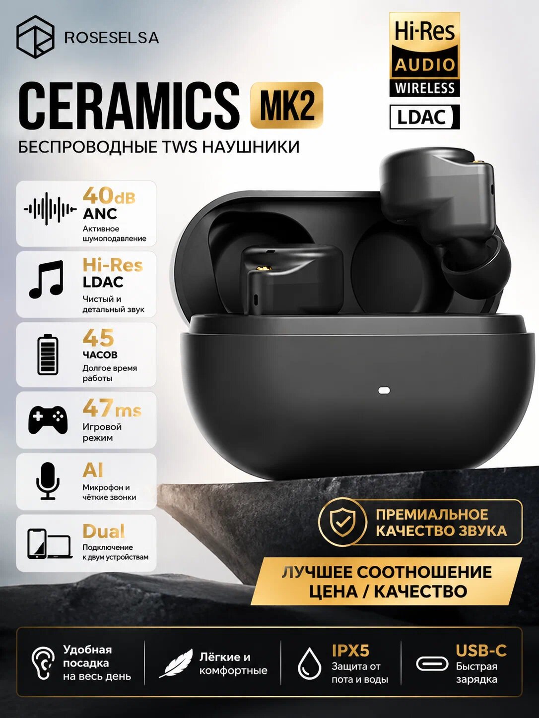 ROSESELSA Liuli MK2 Bluetooth-гарнитура, долгий срок работы, черная