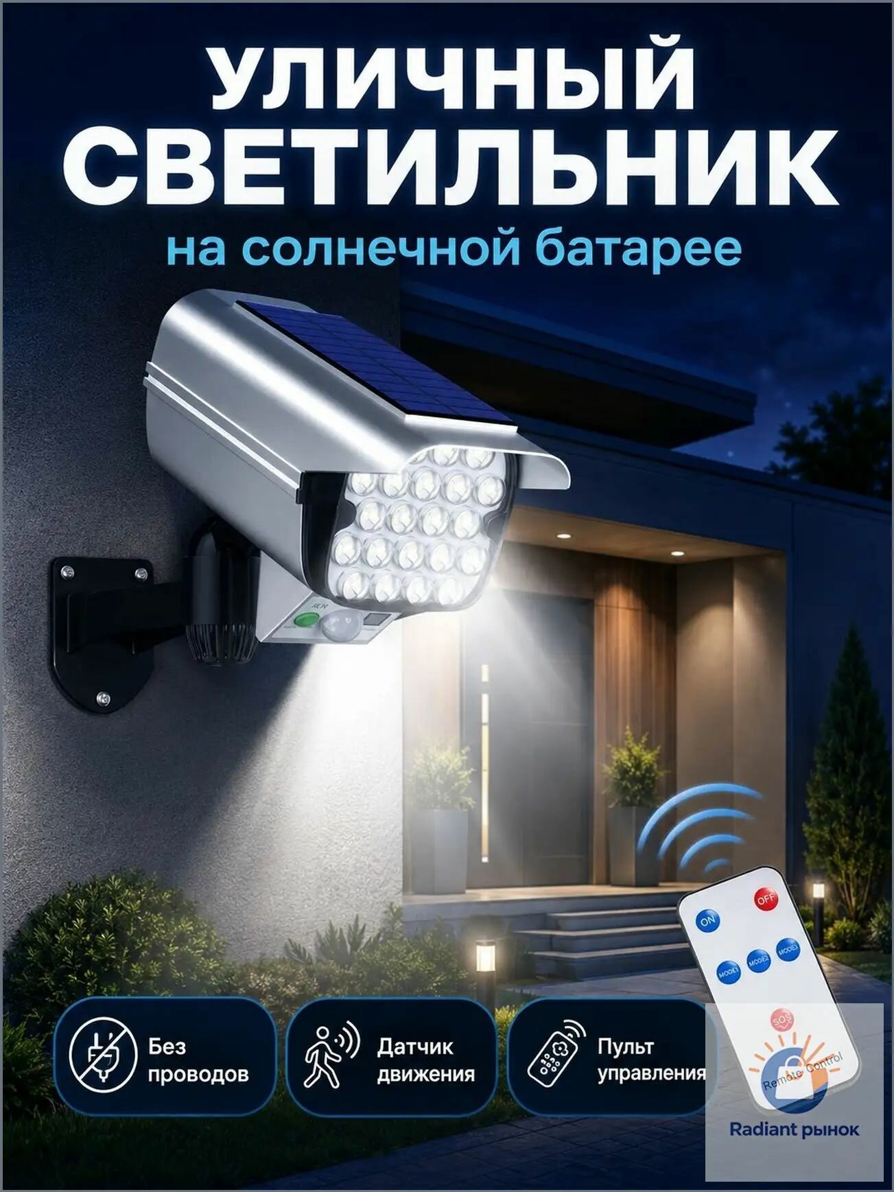 Светильник уличный на солнечной батареи с датчиком движения / муляж камеры видеонаблюдения / Светильник-прожектор