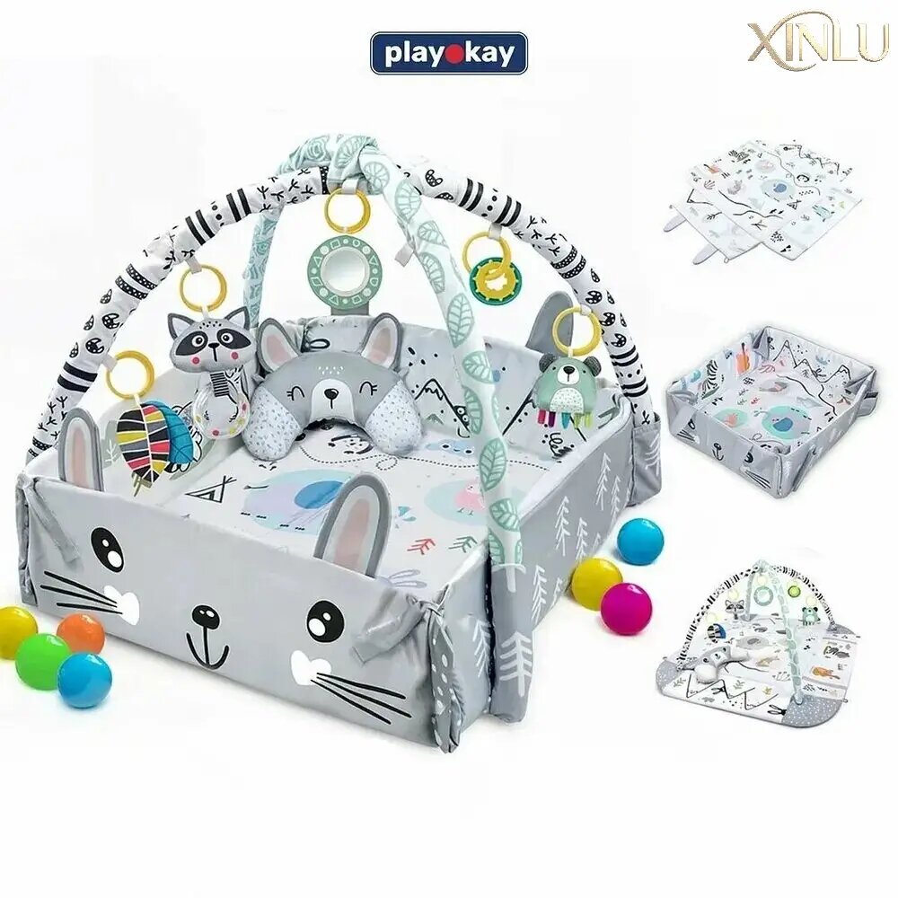 Коврик детский для ползания Play Okay развивающий, манеж для малышей, с дугами и бортиками, 27 предметов