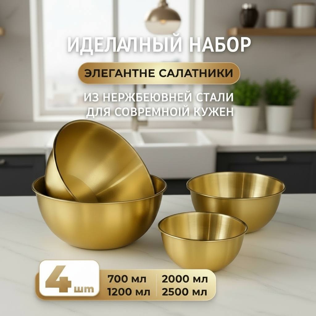 Миски Shiny Kitchen золотые 2.5 литра нержавеющая сталь 4 штуки