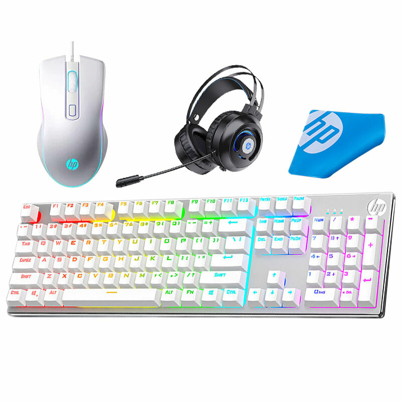 Комплект клавиатуры и мыши HP, K500Y White + Glare Gaming Mouse + Gaming Headset + Mouse Pad, black