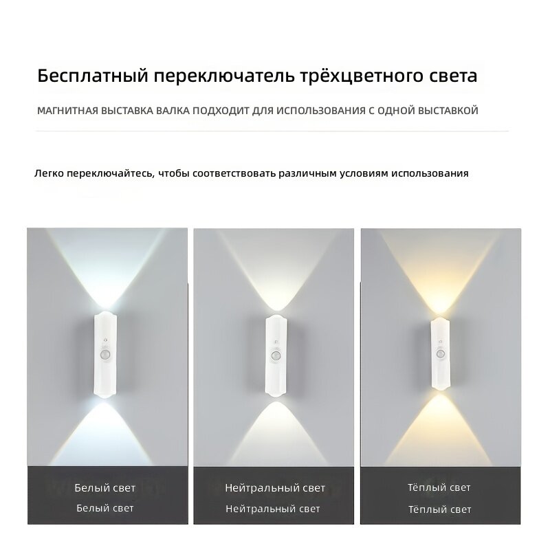 Настенный беспроводной светильник-ночник RGB с датчиком движения, трехцветный, с двумя головками, на магнитной зарядке, самоклеящийся, для шкафа