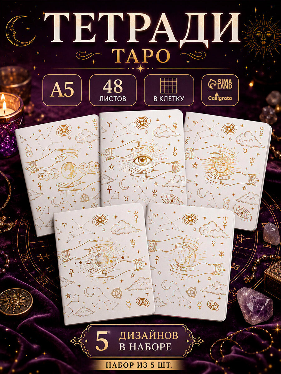 Набор тетрадей из 5 штук, 48 листов в клетку Calligrata «Таро», блок офсет, 5 видов