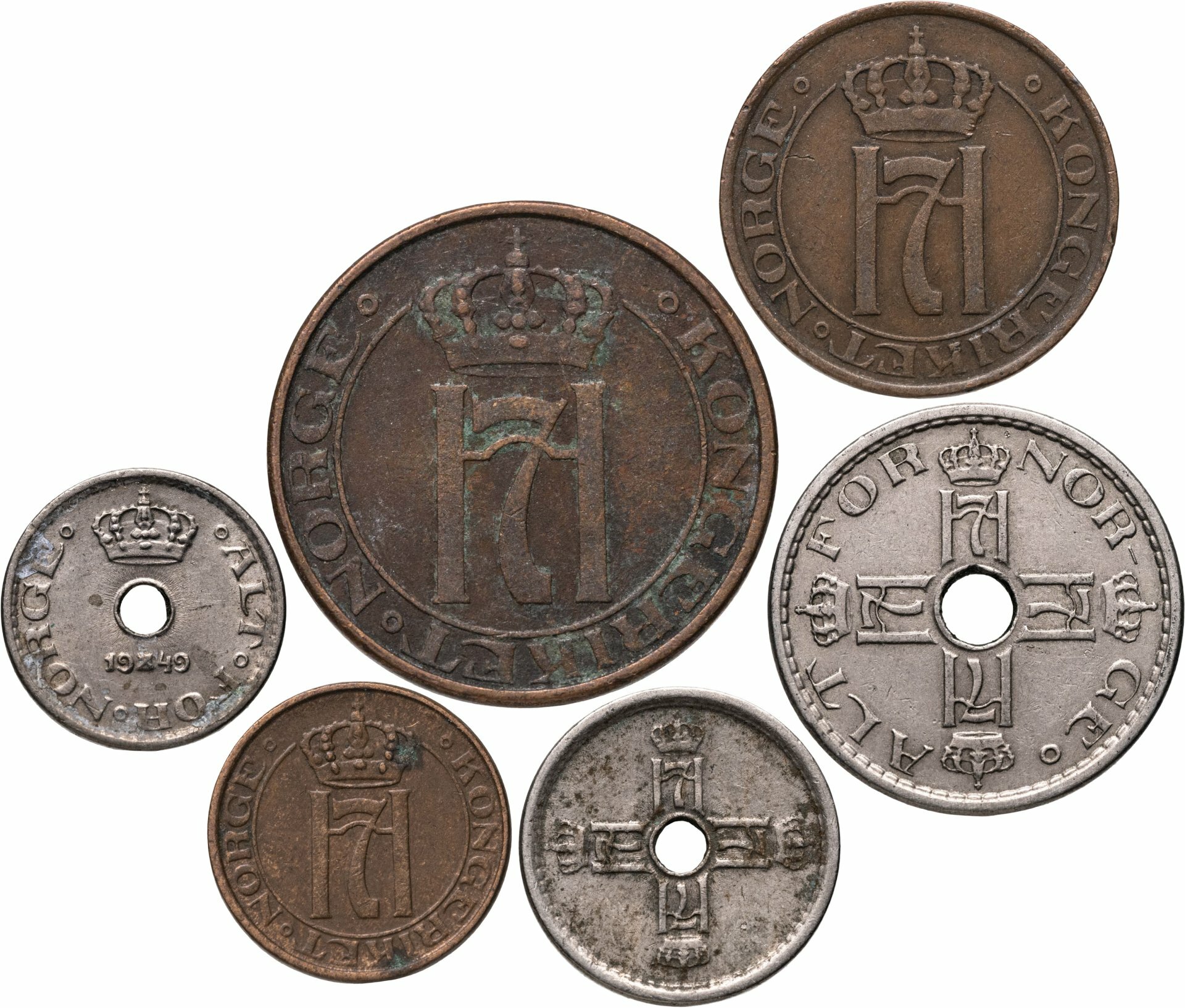 Норвегия набор монет 1-50 эре 1908-1952 6 шт , Бронза, Мельхиор, в сохранности VF-XF