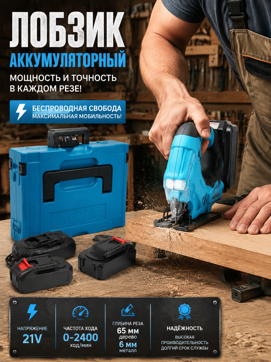 Аккумуляторная лобзиковая пила, 2 батареи в комплекте, ящик для хранения