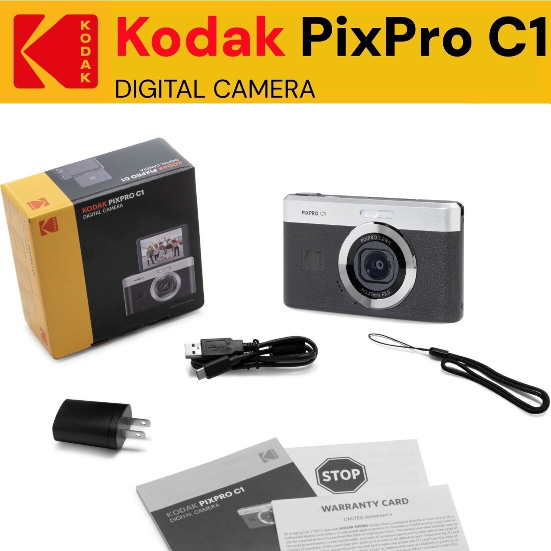 Черная цифровая камера Kodak PixPro C1 с поворотным дисплеем для влогов и поездок