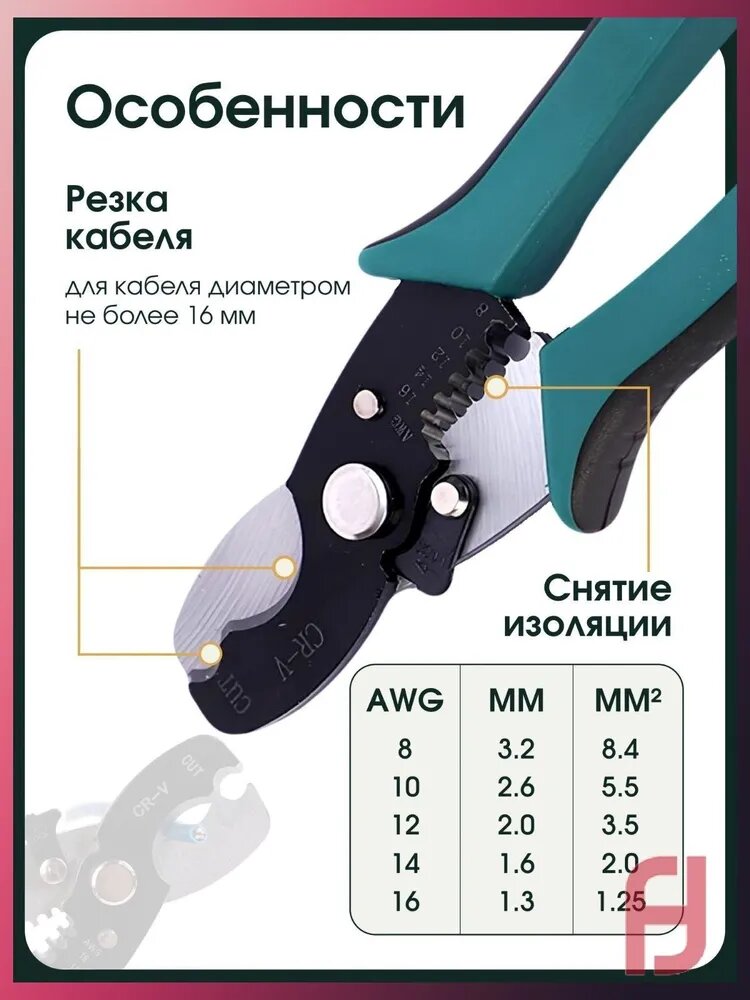Кабелерез + стриппер, хромованадиевая сталь, до 16 мм, темно-зеленый — фото 1