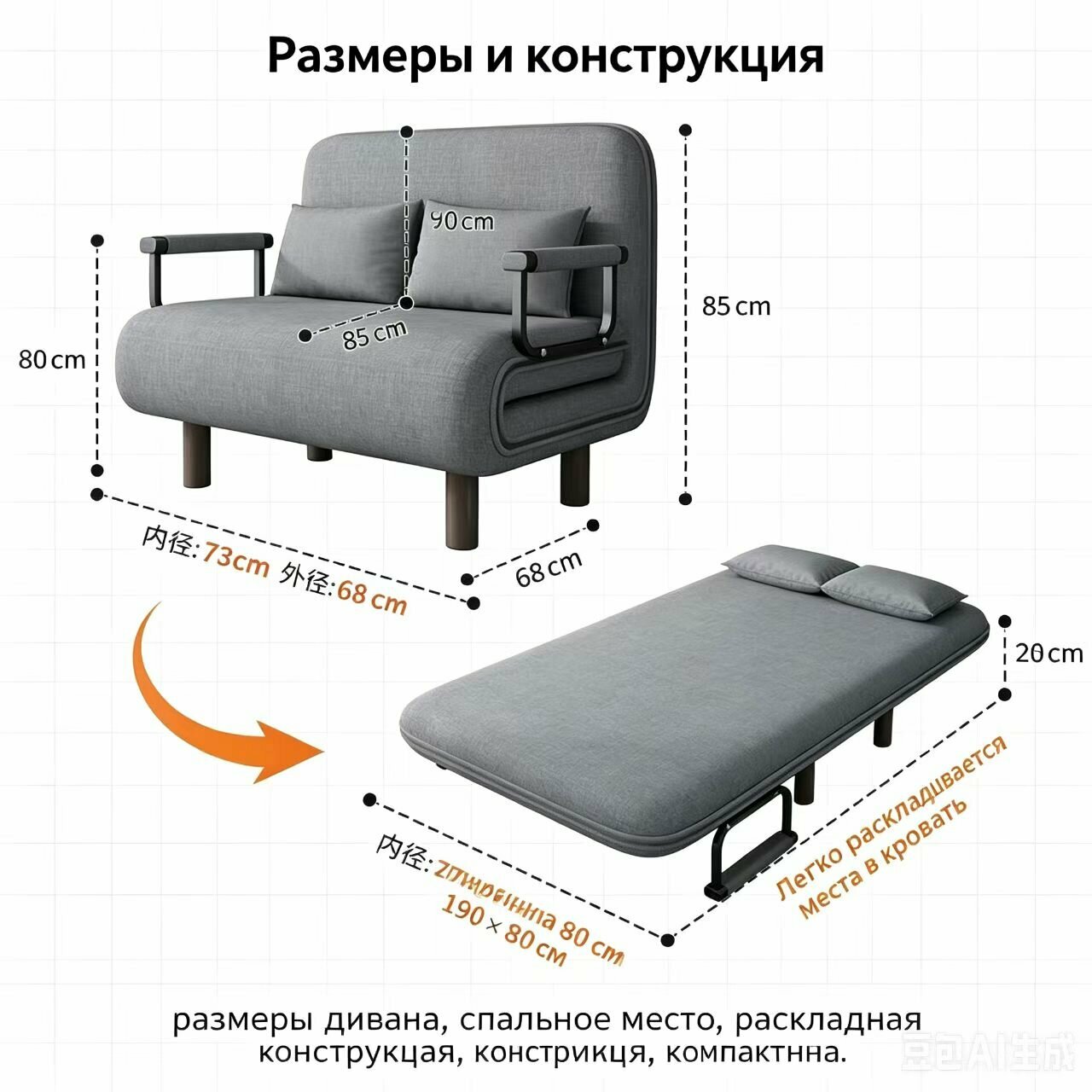Раскладной диван с двойным двухтактным многофункциональным сиденьем